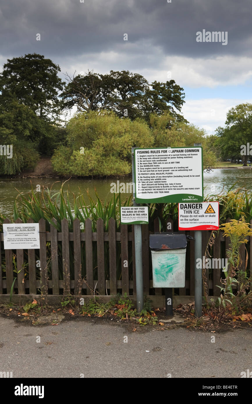 Warning, Information and Regulation signs at Mount Pond, Clapham Common ...
