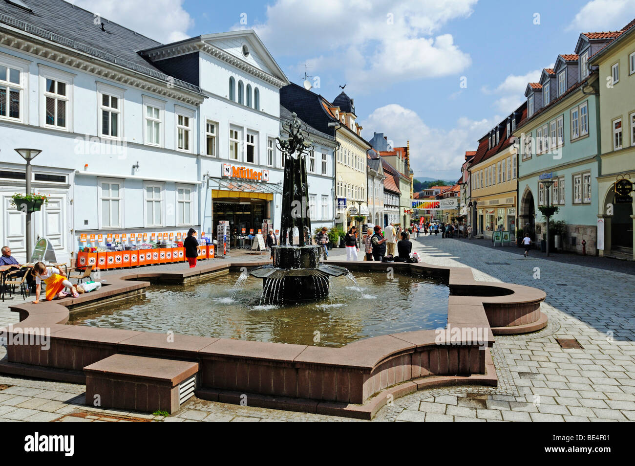 Fountain and pedestrian zone Steinweg, Suhl, Thuringia, Germany, Europe ...