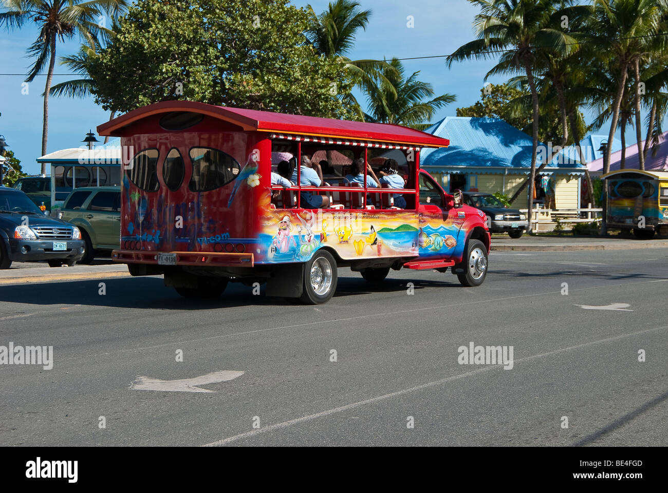 Colourful local truck type buses on the Caribbean island of Tortola ...