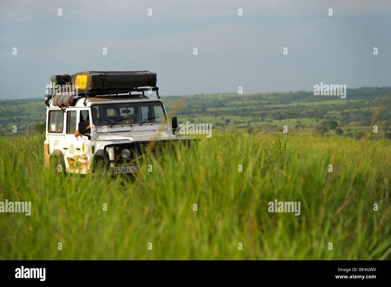 Land Rover Defender in Murchison Falls National Park in Uganda Stock ...
