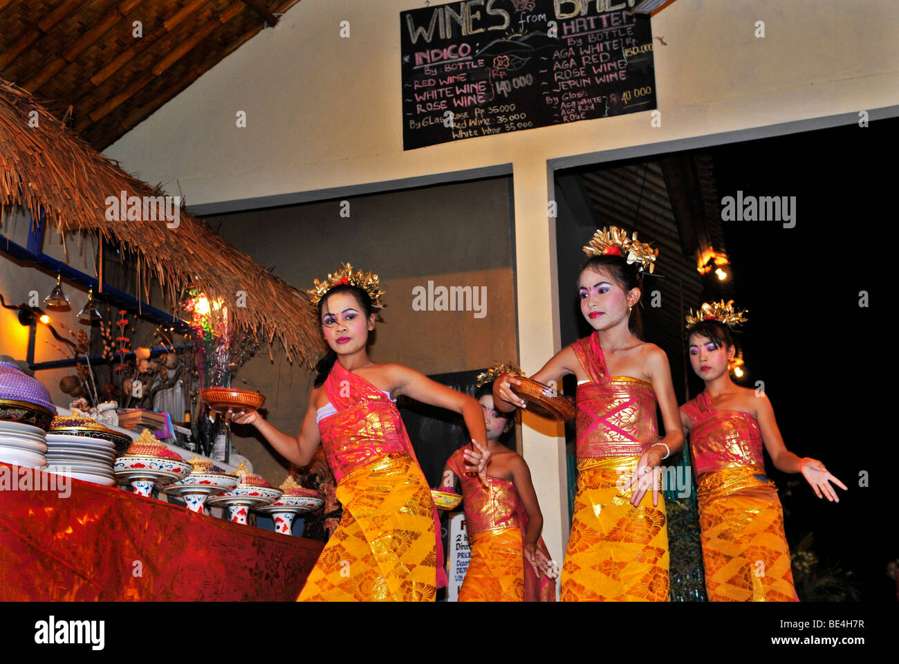 Balinese girls dancing during dinner, Amed, Bali, Indonesia, Southeast ...