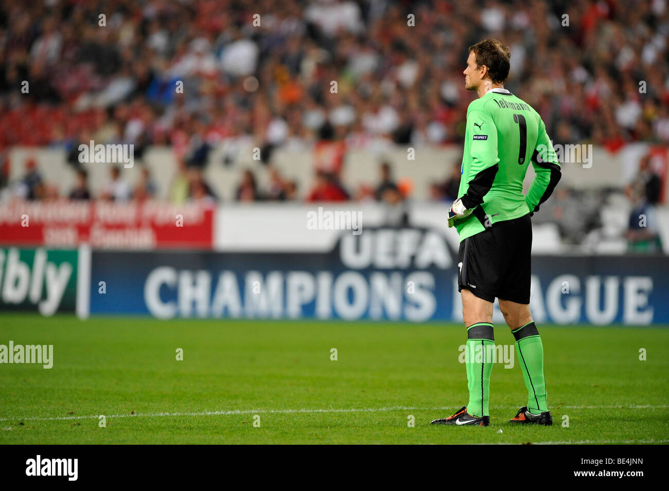 Goalkeeper Jens Lehmann, VfB Stuttgart, in front of advertising for the ...