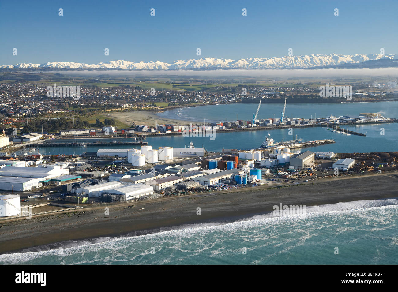 Port of Timaru, Caroline Bay, Timaru, and Snow on Southern Alps, South ...