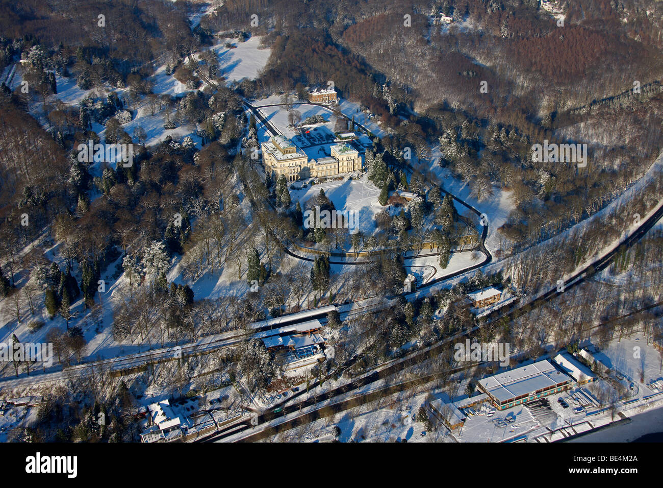 Aerial photo, Villa Huegel, Bertholt Beitz, snow, Essen, Ruhrgebiet ...