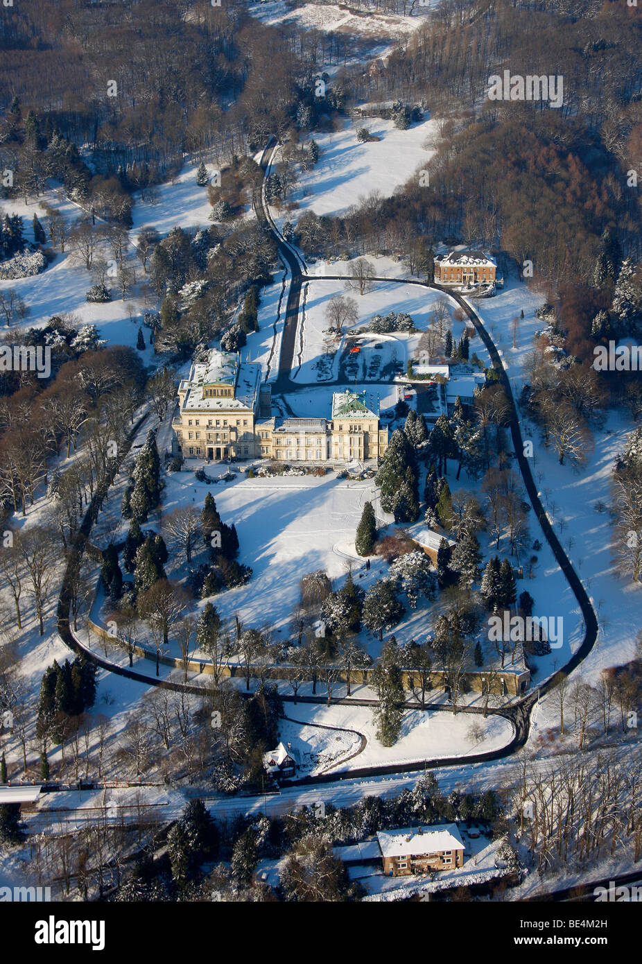 Aerial photo, Villa Huegel, Bertholt Beitz, snow, Essen, Ruhrgebiet ...