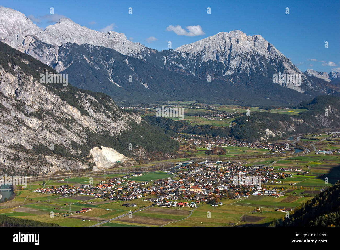 Silz am Inn, in the back Moetz and Mieminger Plateau, Oberinntal, Upper ...