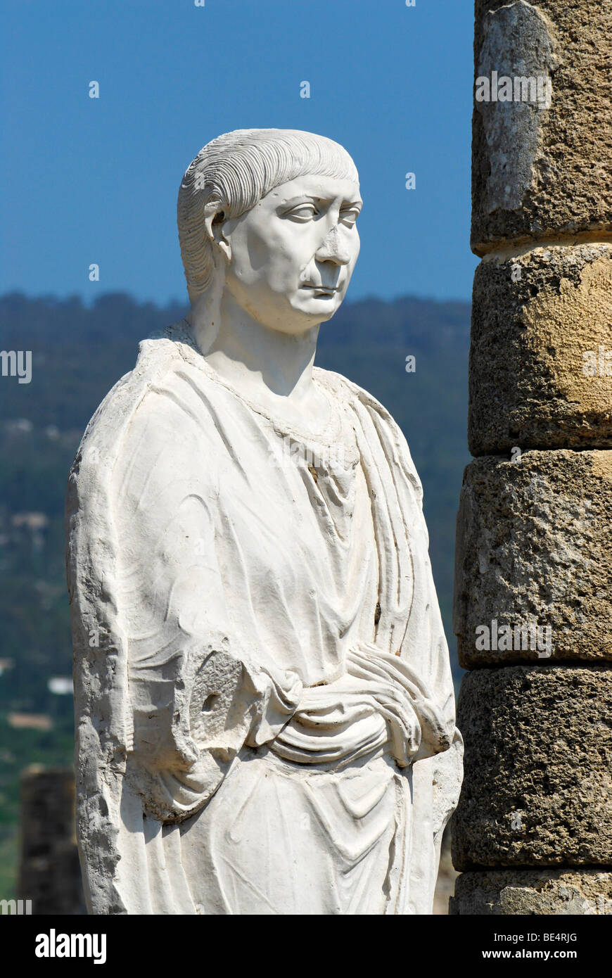 Sculpture of emeror Trajan, 53-117 AD, forum, archeologic park Baelo ...
