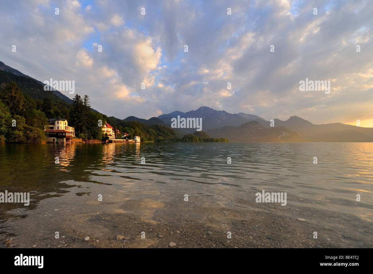 Evening mood at Lake Kochel, in the distance, Herzogstand Mountain, district of Bad-Toelz ...