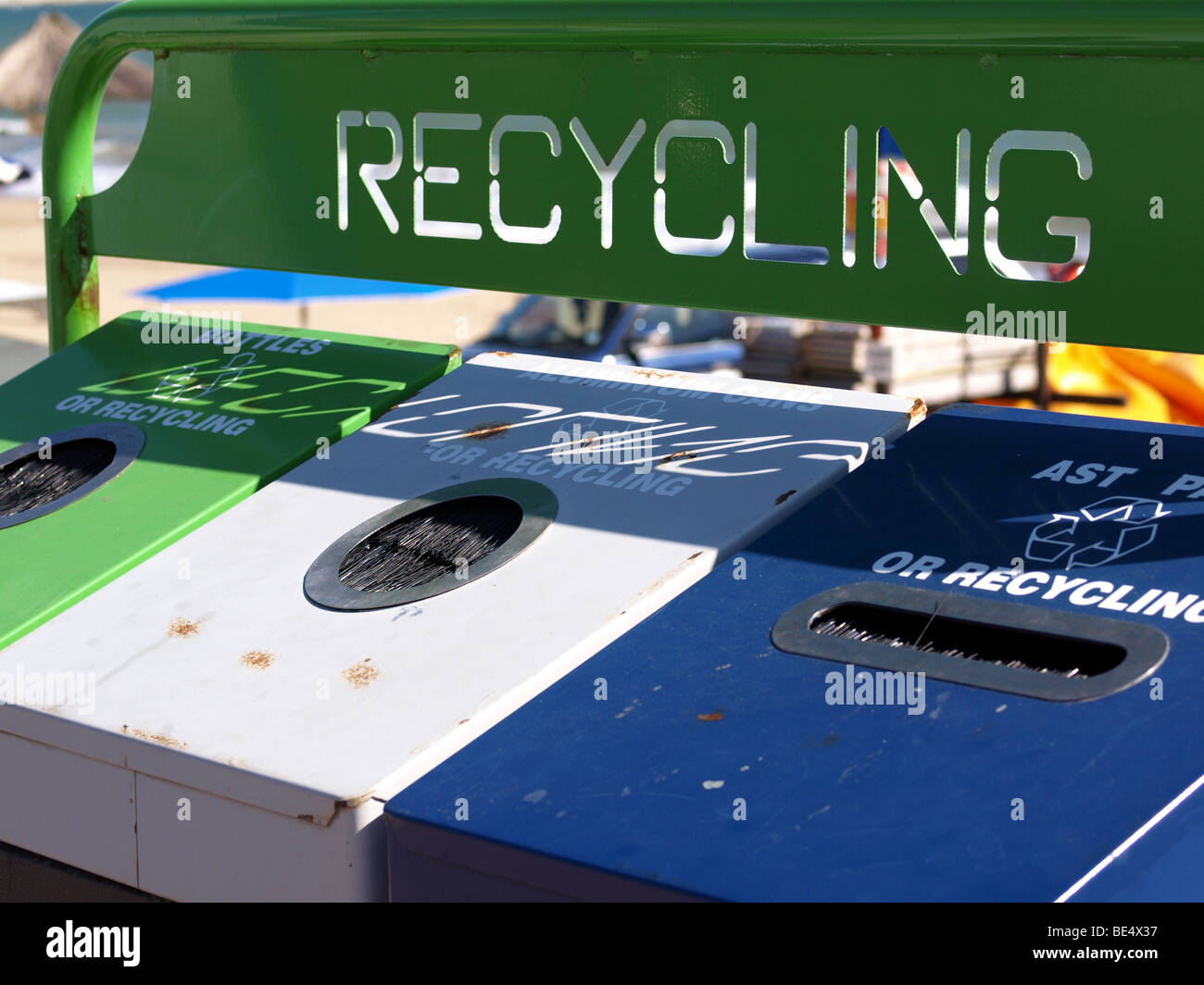 Recycling bins on the seafront at Swanage,Dorset Stock Photo - Alamy