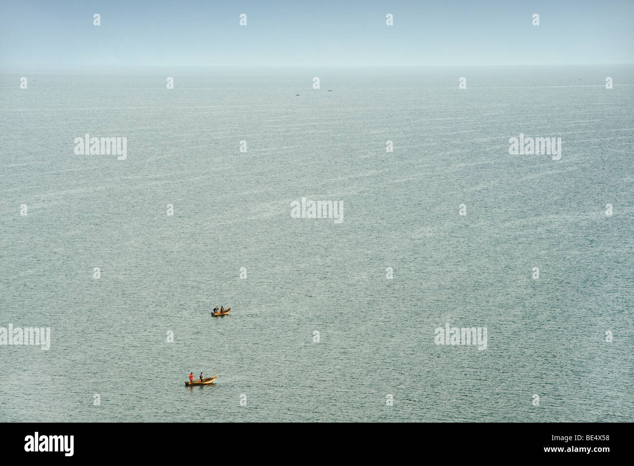 Fishermen fishing from boats in Lake Albert in western Uganda Stock ...