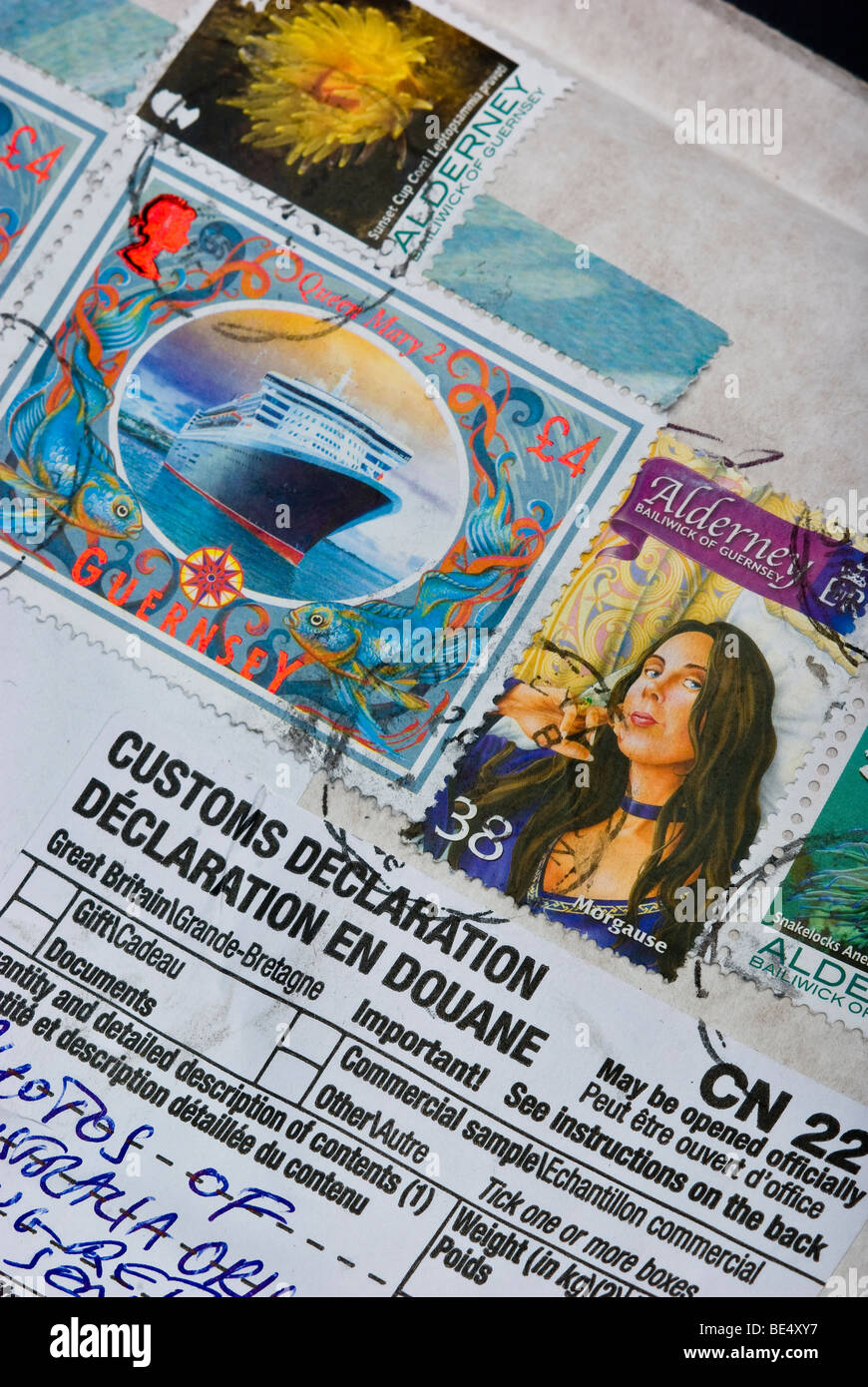 Envelope with colorful stamps from Guernsey and showing customs ...