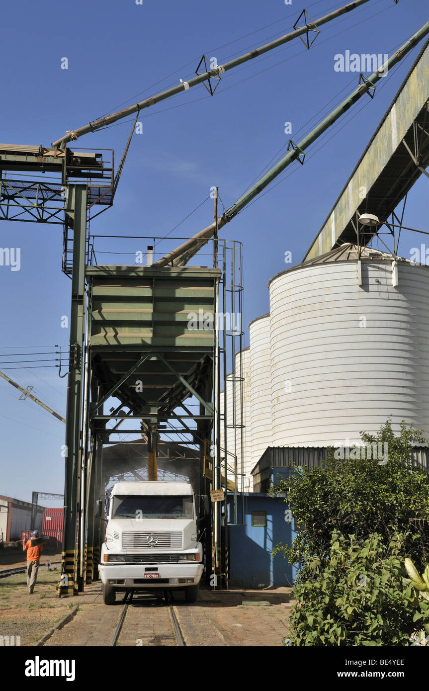 Loading a truck with soy beans from silos, Uberlandia, Minas Gerais ...