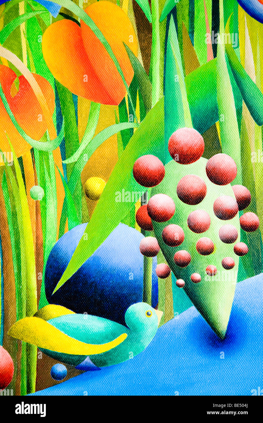 Fantasy garden, pond with duck, acrylic picture, by the artist Gerhard ...