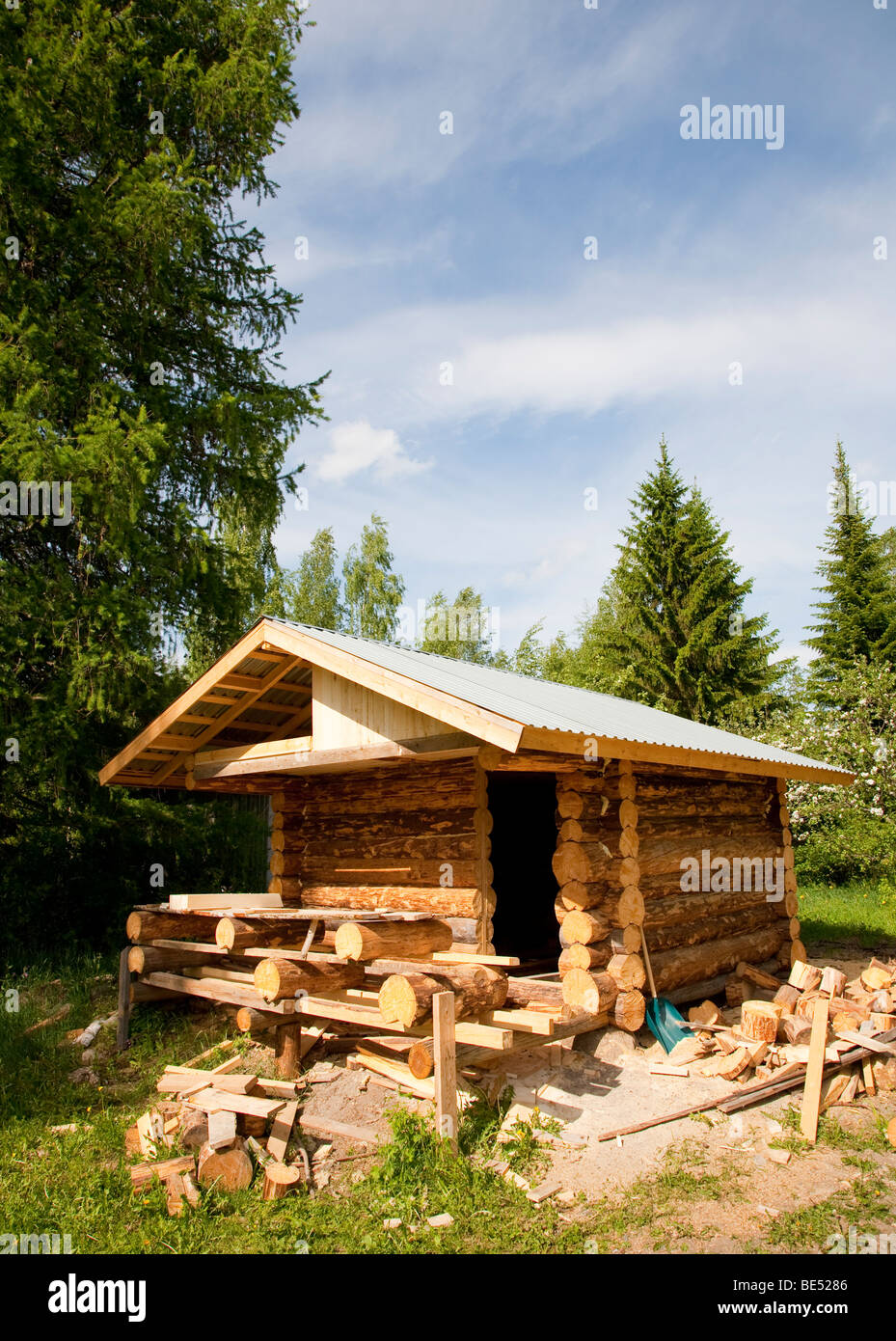 Log cabin made of barked spruce logs under construction , Finland Stock ...