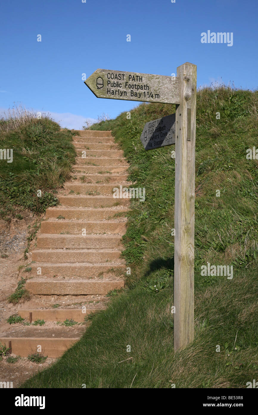 Coast path steps and sign to Harlyn Bay Cornwall with blue sky Stock ...