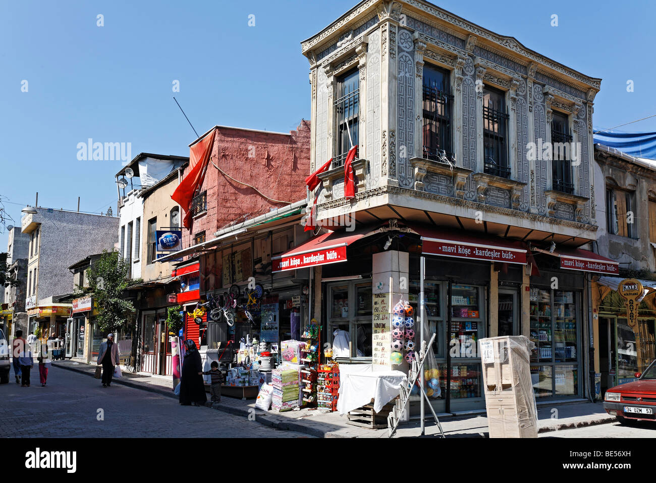 Shopping street in the old, Jewish district Balat, Istanbul, Turkey ...