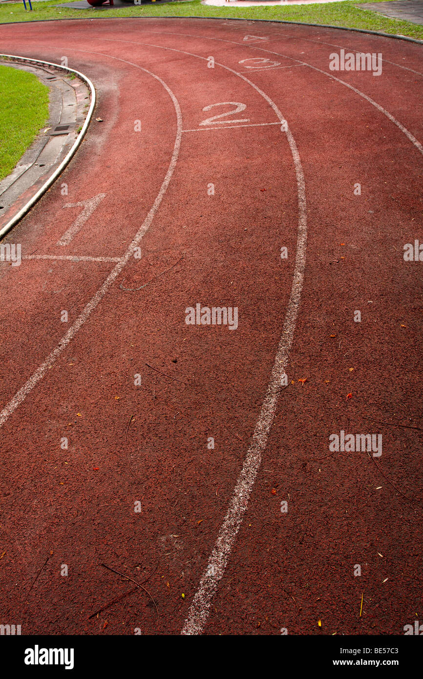 Sports running athletic track with marked curve lane numbers, empty ...