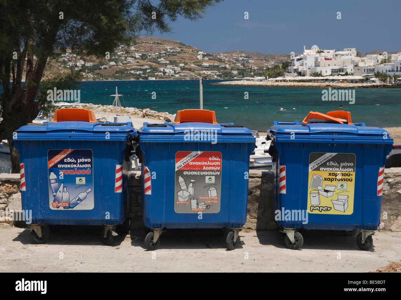 Community recycling rubbish bins in Paros, Greece Stock Photo - Alamy
