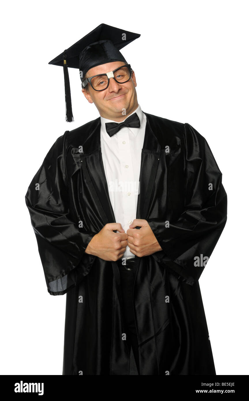 Nerd graduate dressed in gown and mortarboard Stock Photo - Alamy