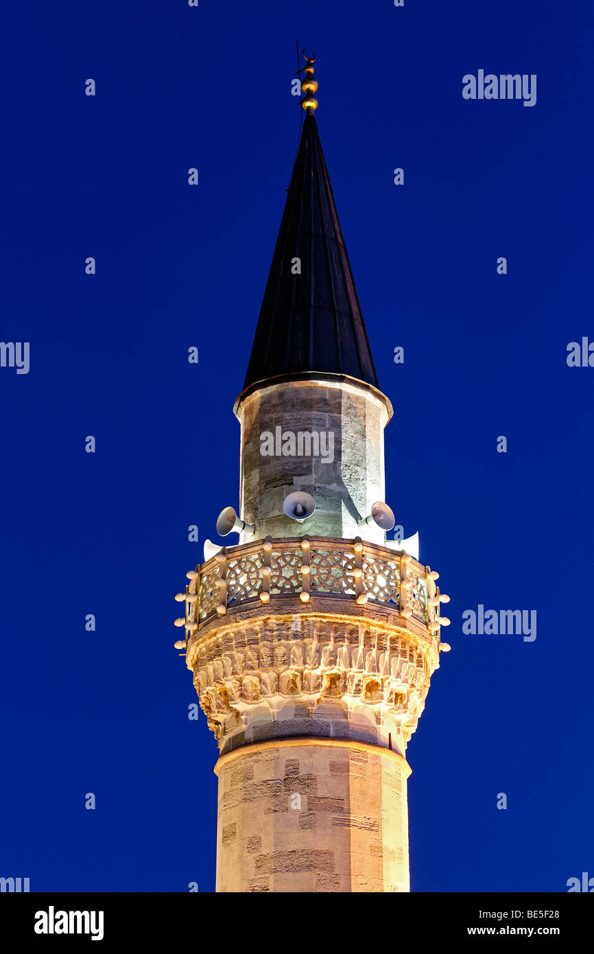 Illuminated minaret with loudspeakers, Firuz Aga Mosque, Sultanahmet ...