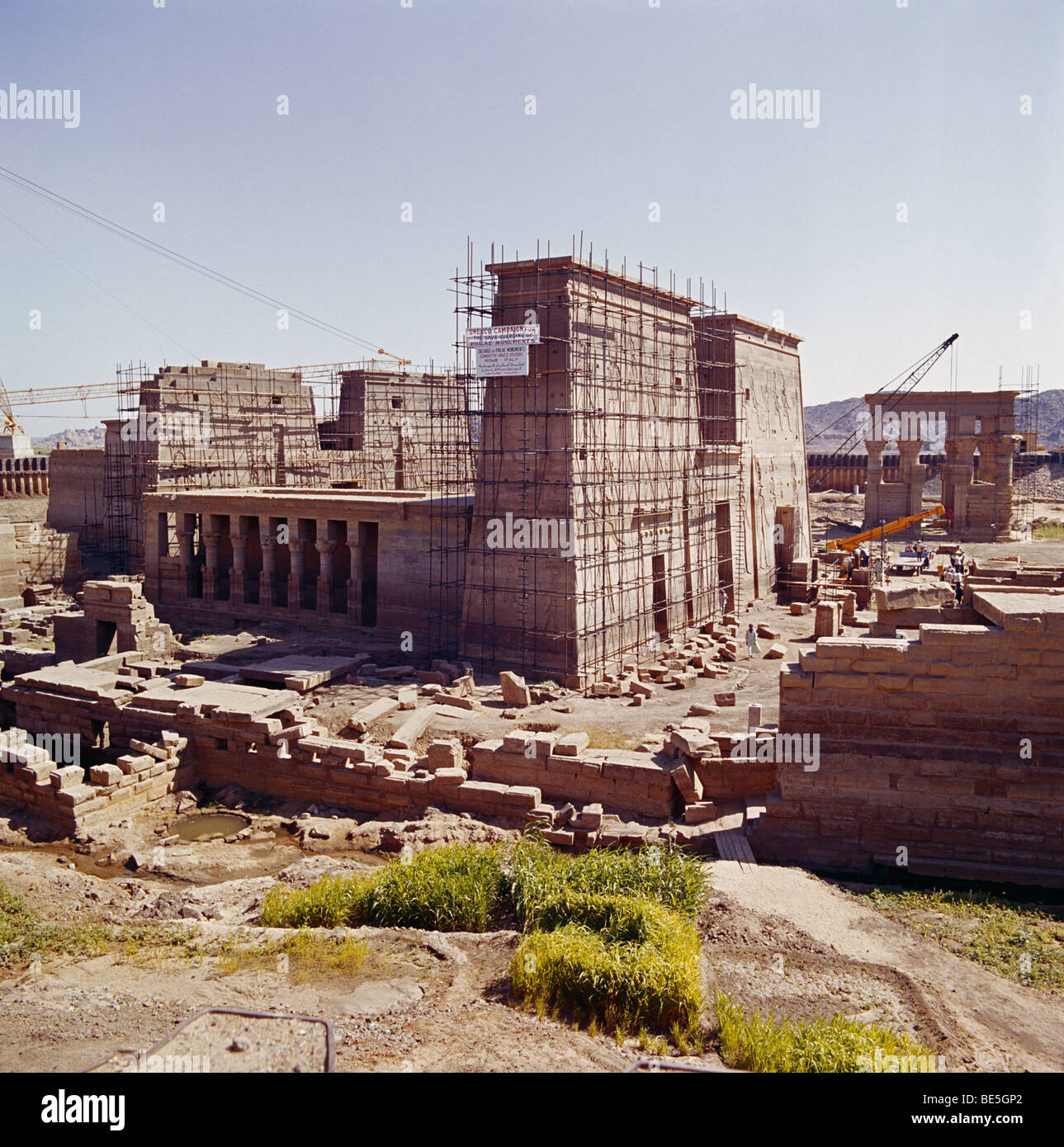 The deconstruction of the drowned Nile temple of Philae, being ...