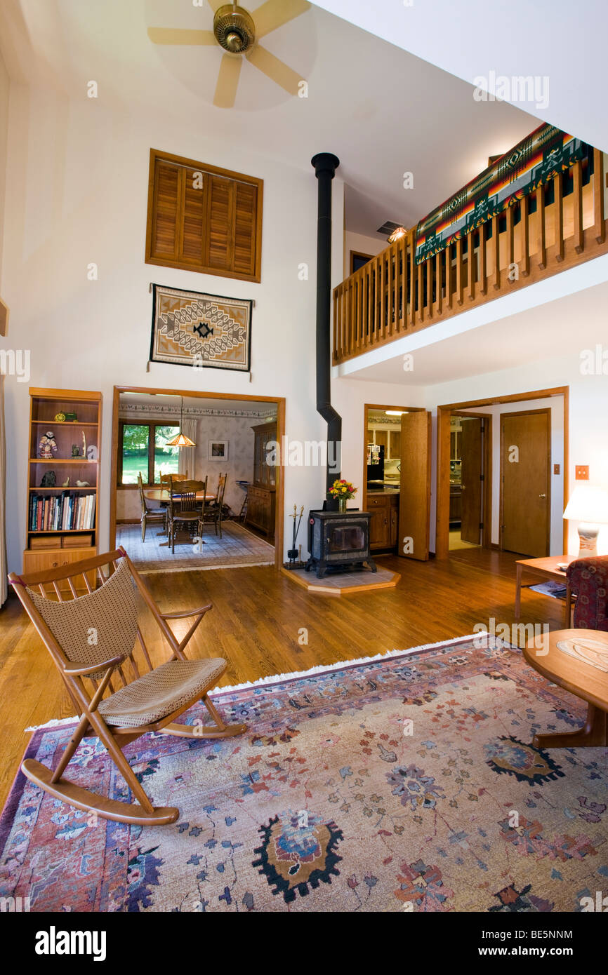 Interior view of the great, or living, room of an upscale suburban ...