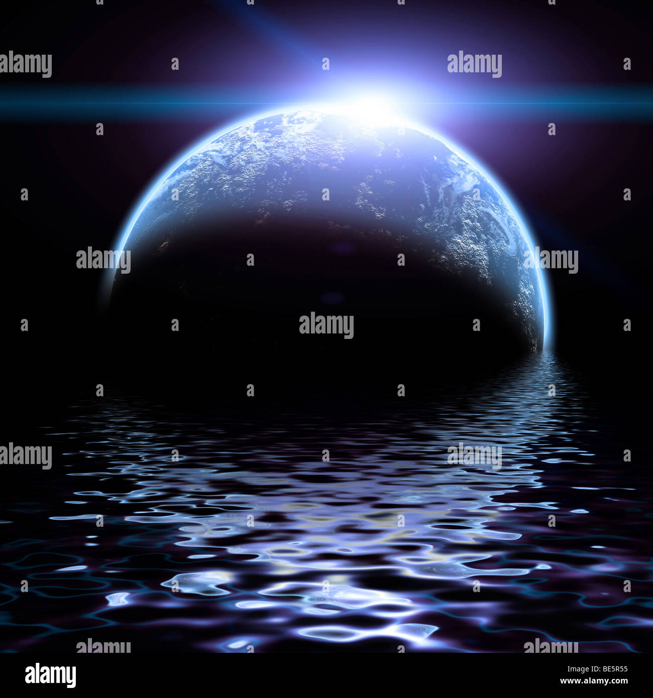 Earth under water global warming concept. Sun rise and reflection in ...