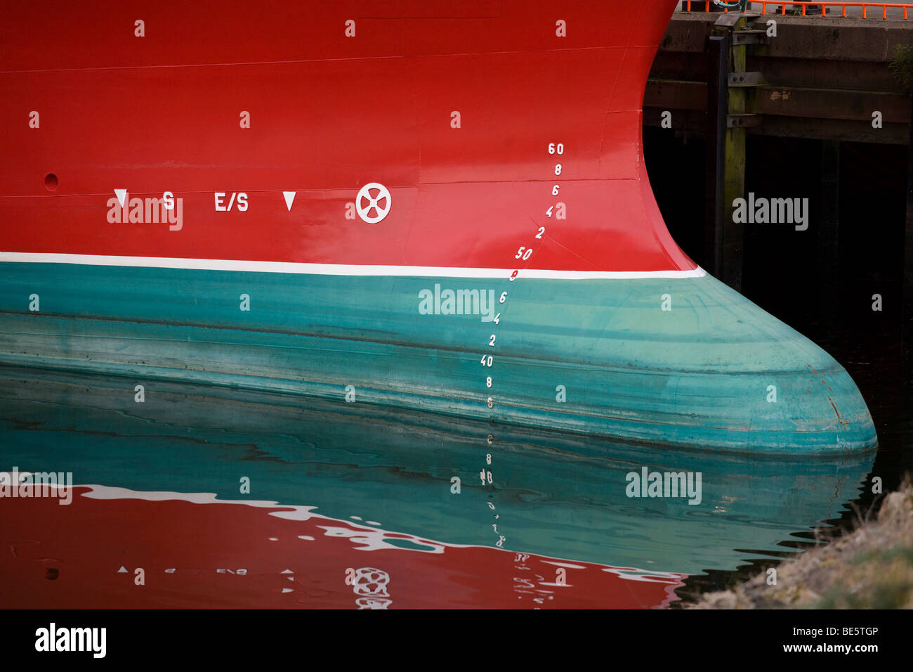 Lightly Loaded Ship at Dock. A light load exposes the bull nosed prow ...