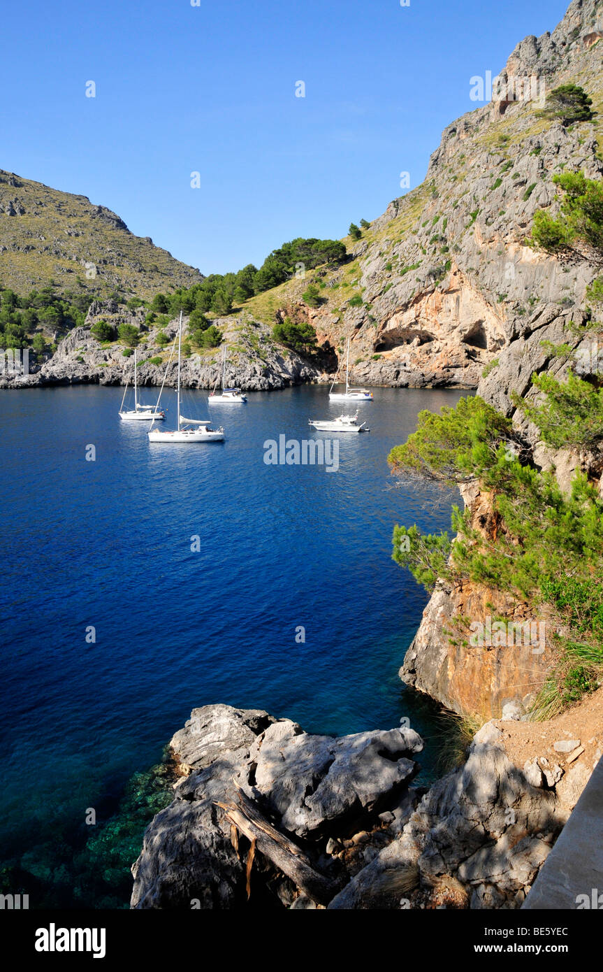 Tourist boats at the entrance to the Torrent de Pareis Gorge, Sa ...