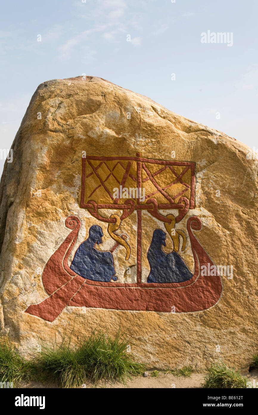 Inscription and a Viking boat on a rune stone, at the Viking Museum in ...