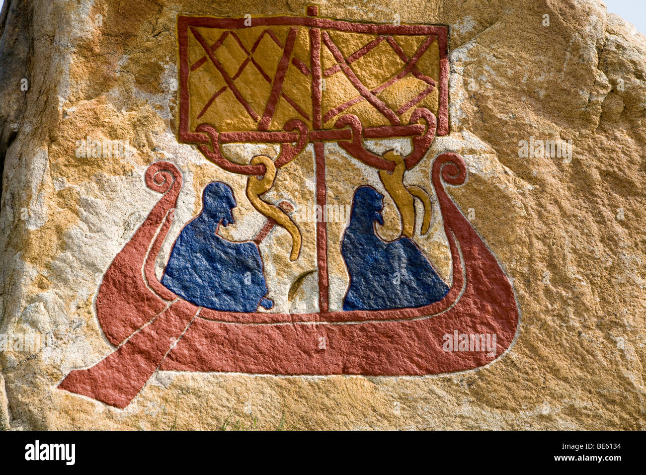 Inscription and a Viking boat on a rune stone, at the Viking Museum in ...