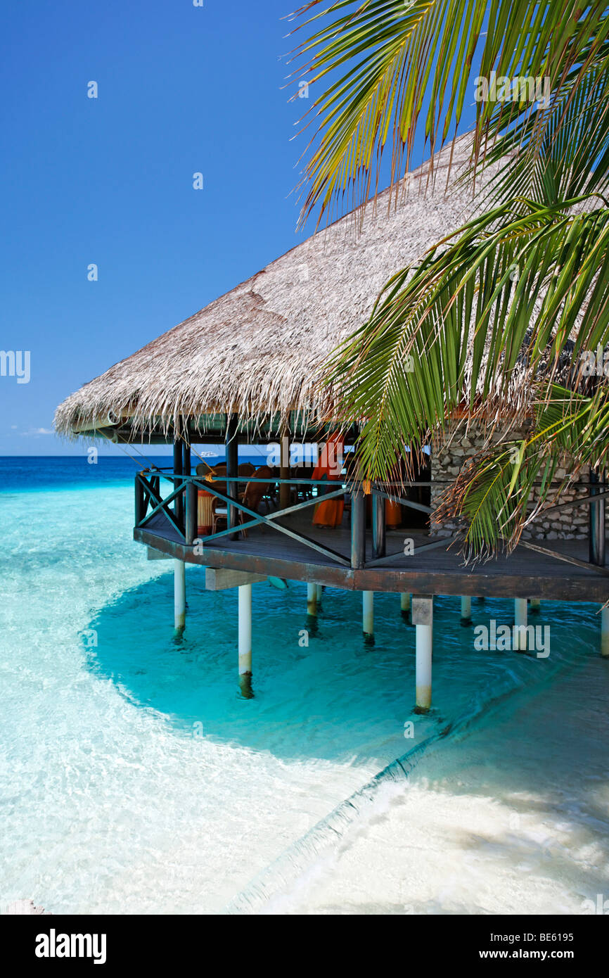Bar restaurant on stilts, Vadoo, island, South Male Atoll, Maldives ...