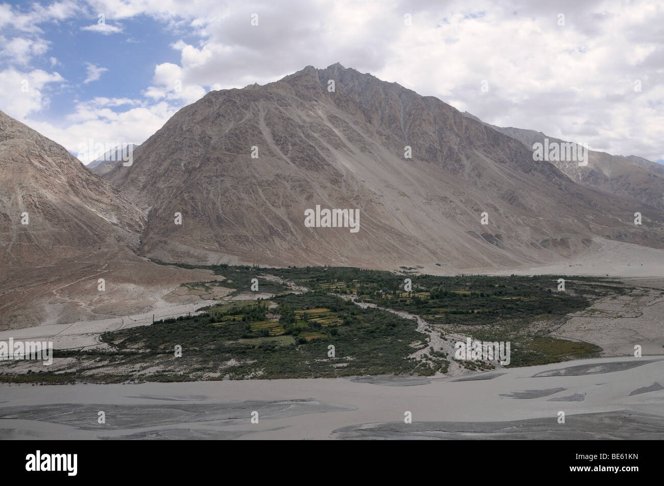 Alluvial fan with oasis in the Shyok Valley, Ladakh, Nubra Valley ...