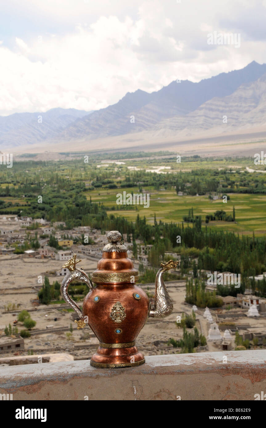 Tikse Monastery, overlooking the Indus plateau, river oasis, with a ...