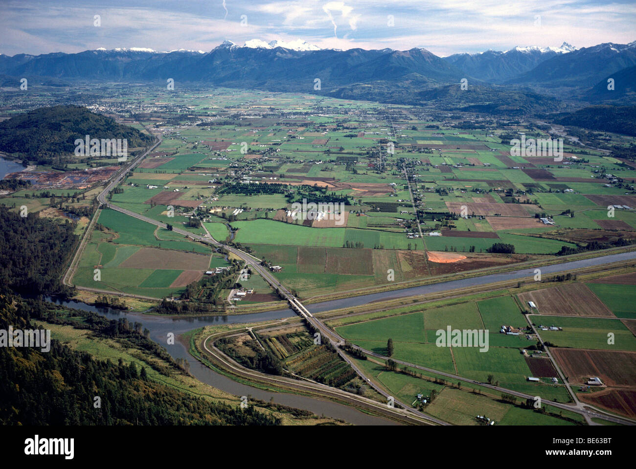 Scenic Aerial View, Farmland in Fraser Valley, and Cascade Mountains ...