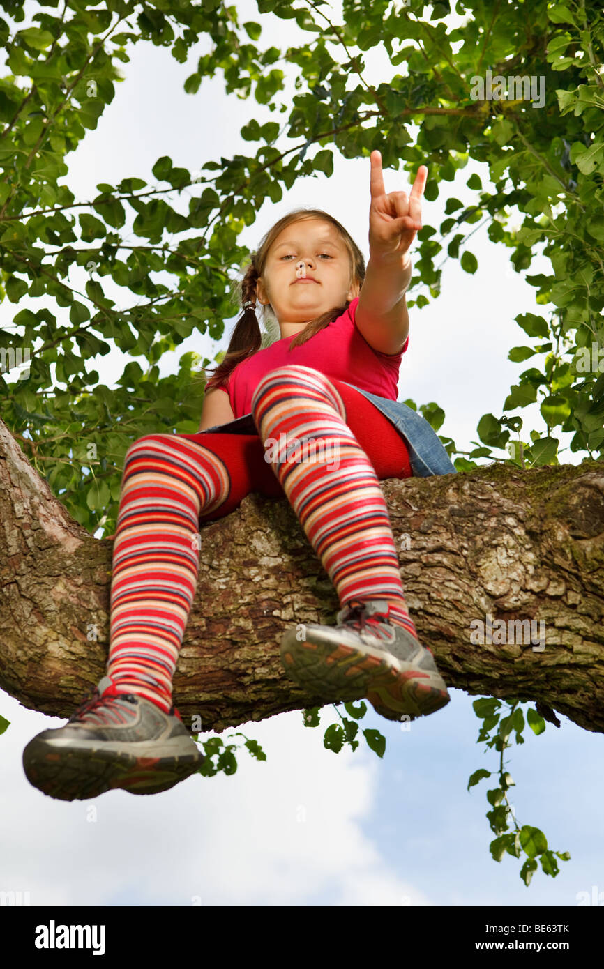 Little girl climbed on tree and sitting on branch Stock Photo - Alamy