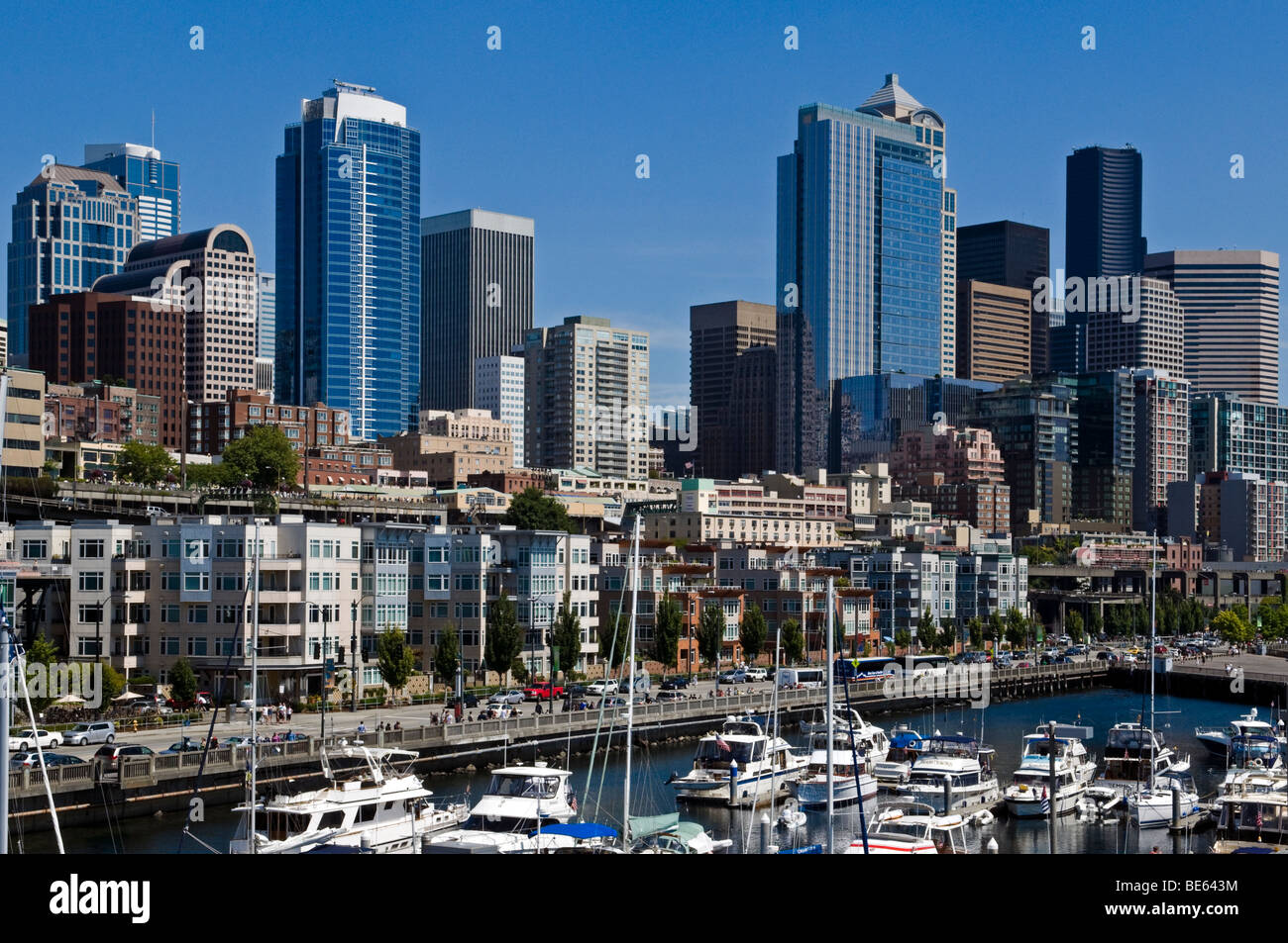 The Seattle Washington skyline on a bright day with a blue sky Stock ...