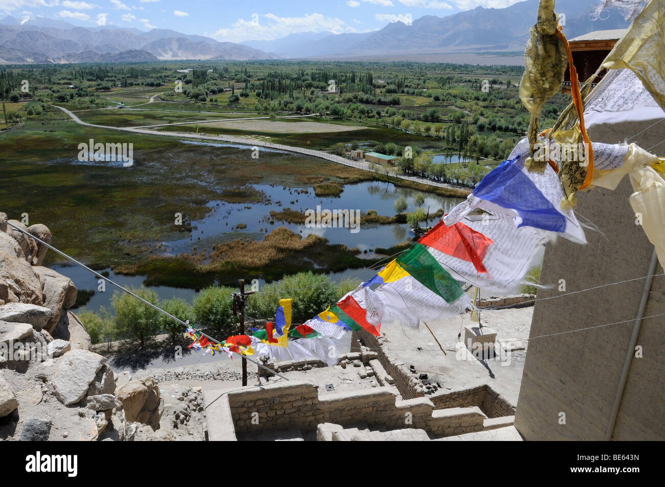 View from Shey monastery on the Indus plateau, river oasis with fish ...