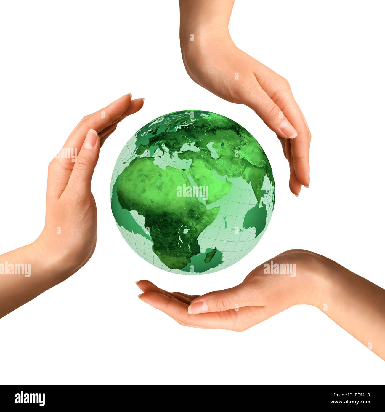 Conceptual recycling symbol made from hands over Earth globe Stock ...