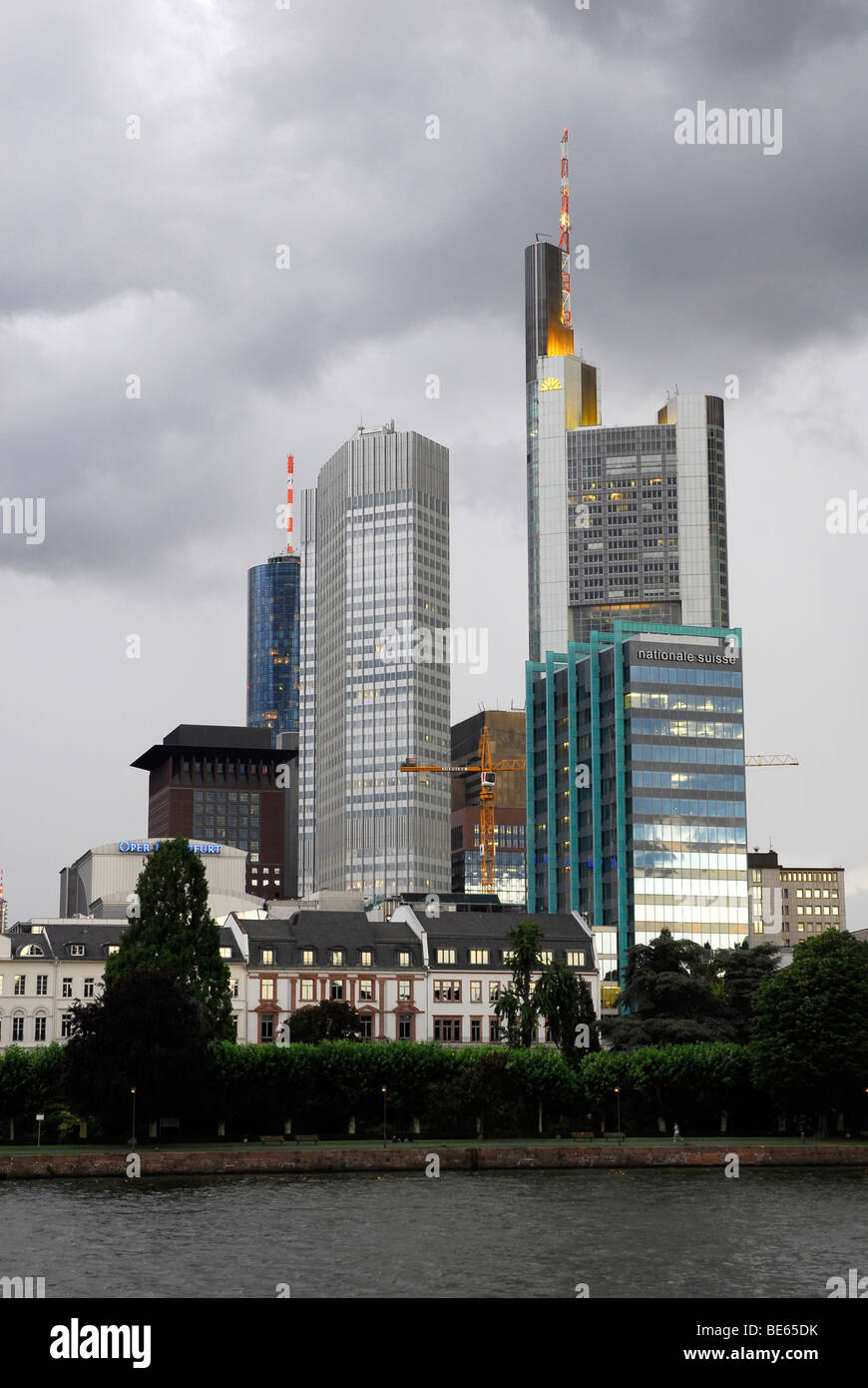 Gray skyline of the financial district with Main Tower Helaba, European ...