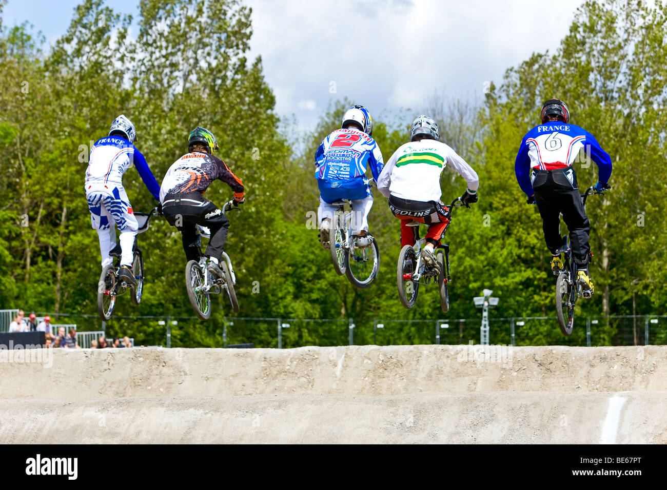 Five jumping competitors at the BMX Supercross World Cup in Copenhagen ...