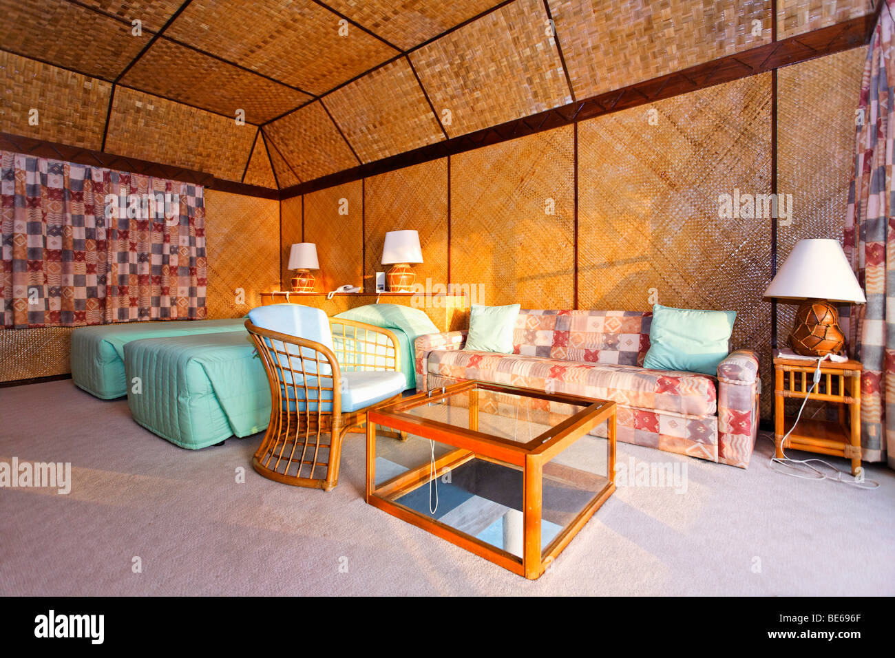 Water bungalow, interior, Vadoo, island, South Male Atoll, Maldives ...