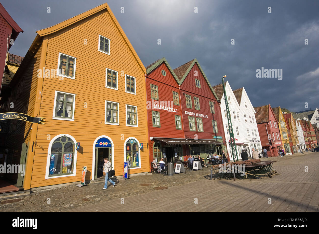Waterfront in Bergen, Norway known as the Bryggen district. Old wood ...