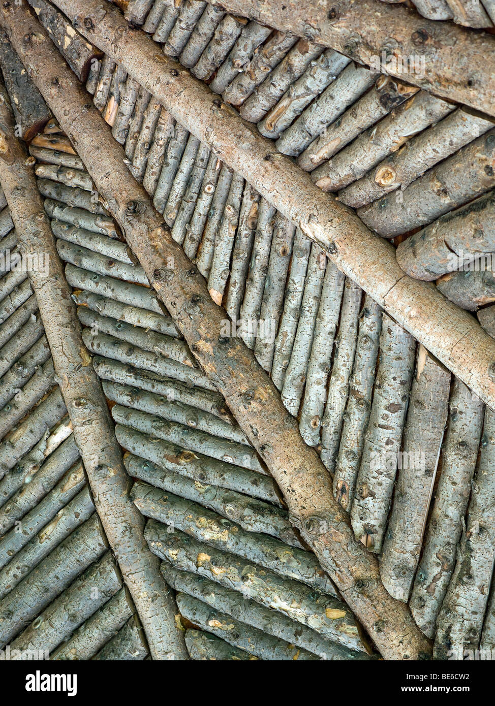 An abstract log pattern as seen in the ceiling of a garden pergola ...