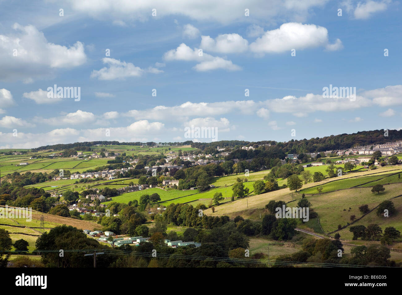 UK, England, Yorkshire, Keighley, Oxenhope village above the steam ...