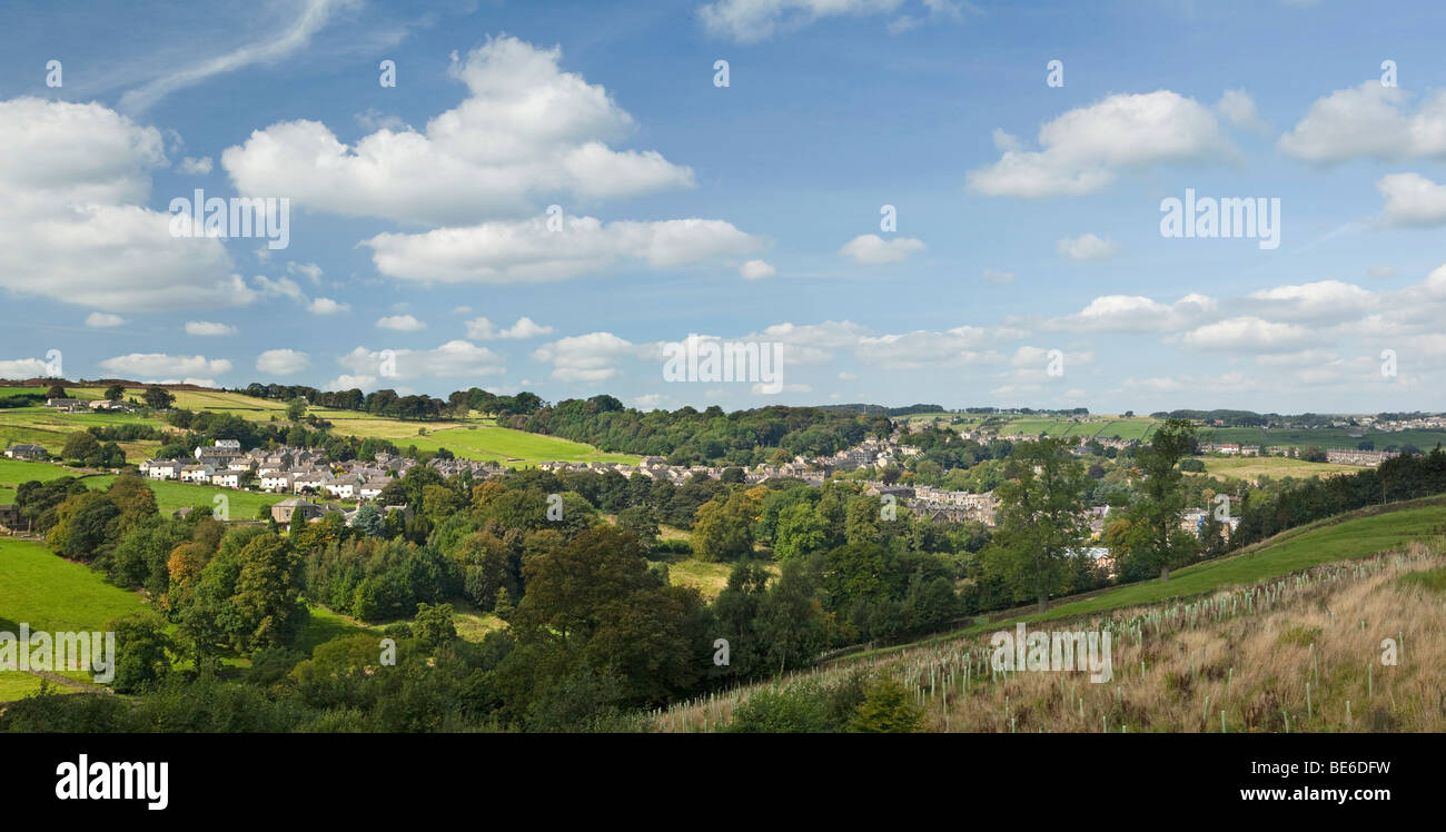 UK, England, Yorkshire, Haworth, panoramic view across Bridgehouse Beck ...