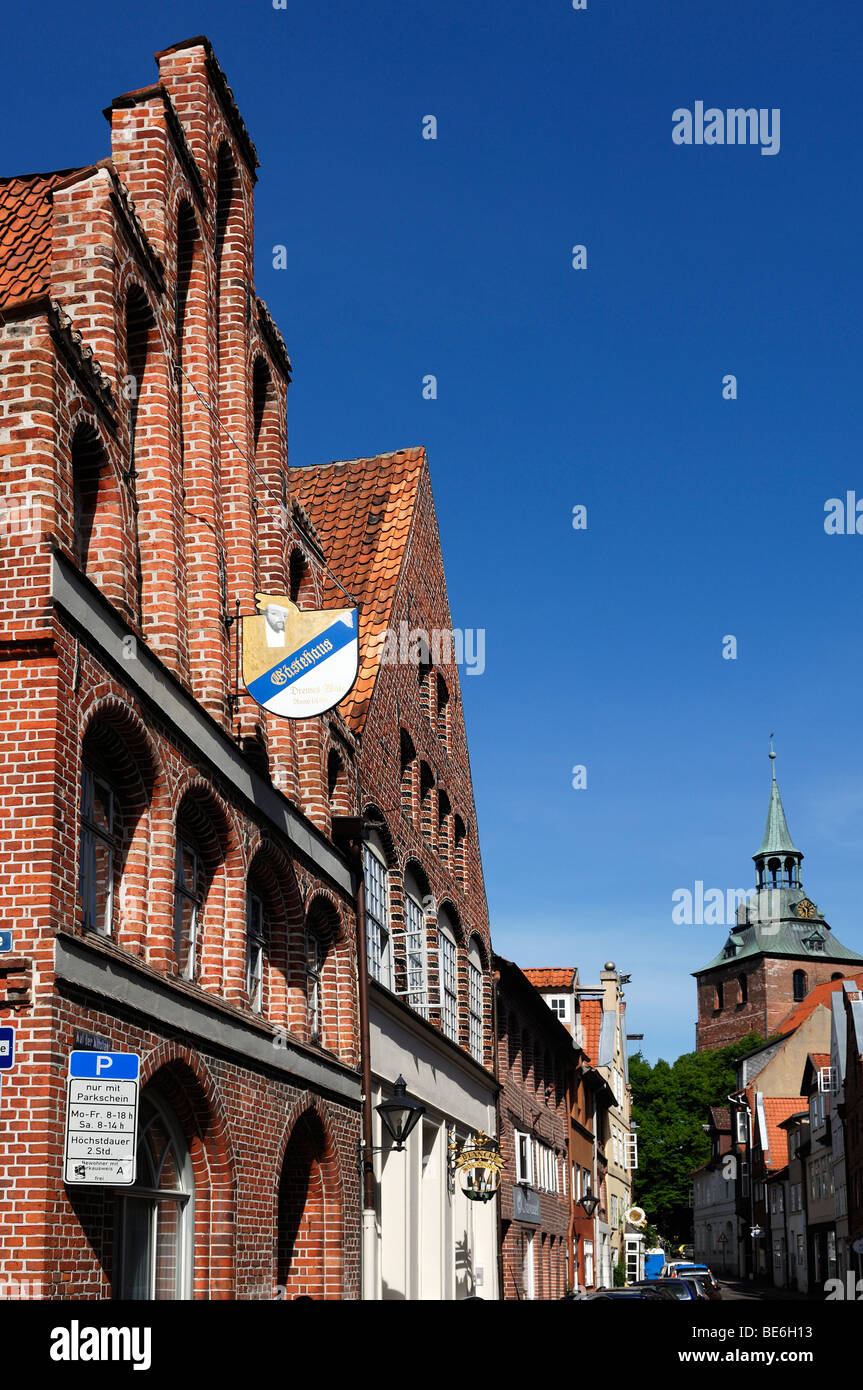 Old gabled houses, St Michaeliskirche Church, in the back, brick Gothic ...
