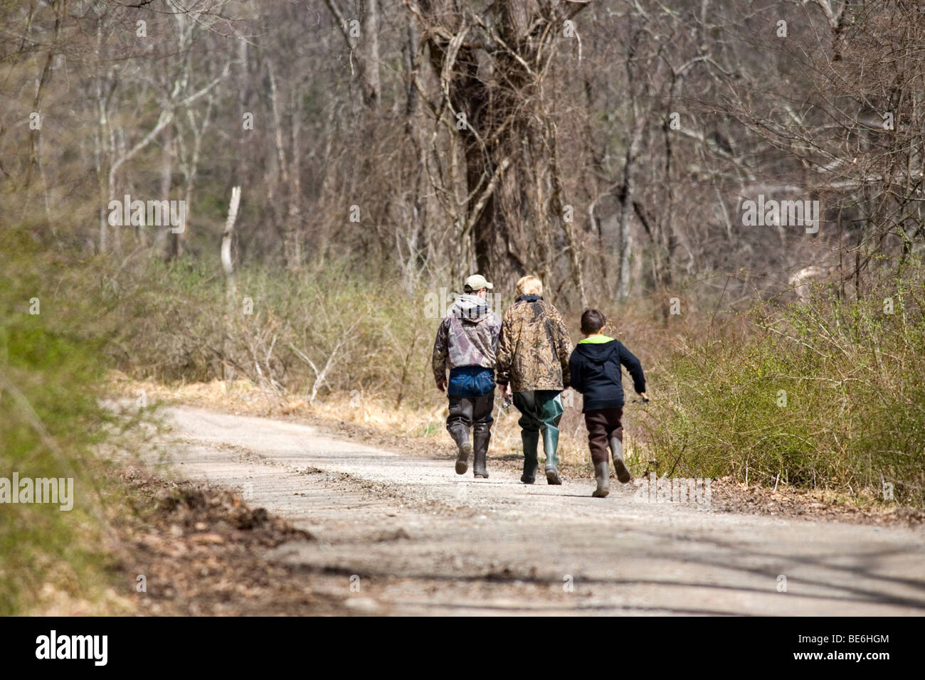 Boys hiking on trail in the woods Stock Photo - Alamy