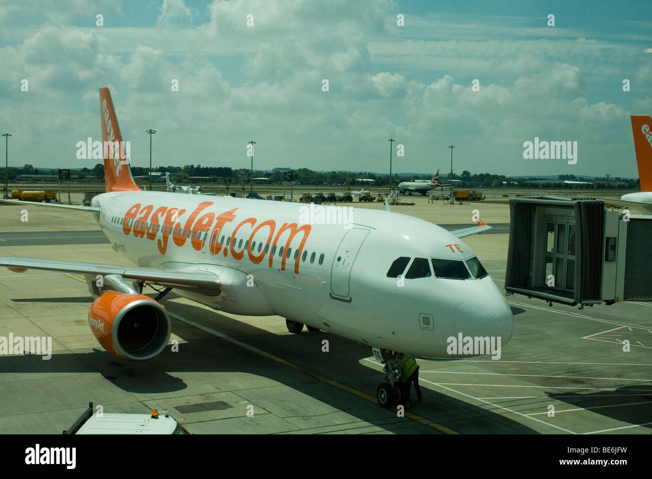 Easyjet Airbus A319 approaches docking gate at Gatwick Airport London ...