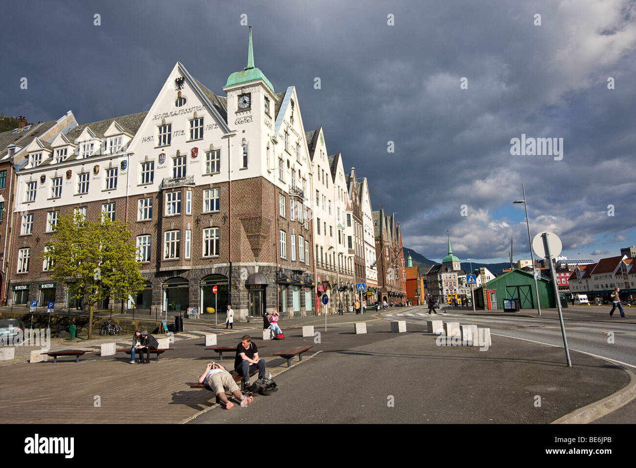 Waterfront in Bergen, Norway known as the Bryggen district. Old wood ...